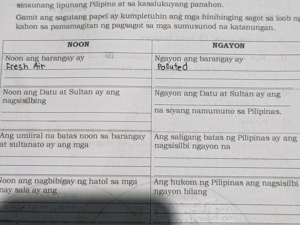 NOON | NGAYON ---|--- Noon ang barangay ay | StudyX