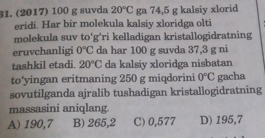 (2017) 100 g suvda 20°C ga 74,5 g kalsiy