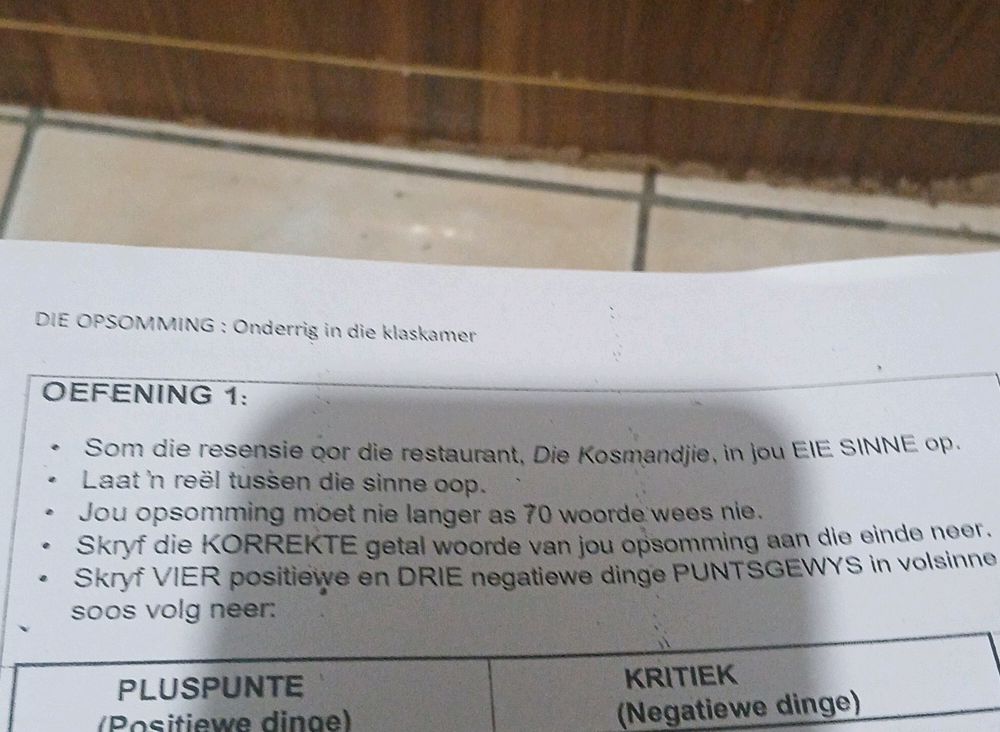 DIE OPSOMMING: Onderrig in die klaskamer