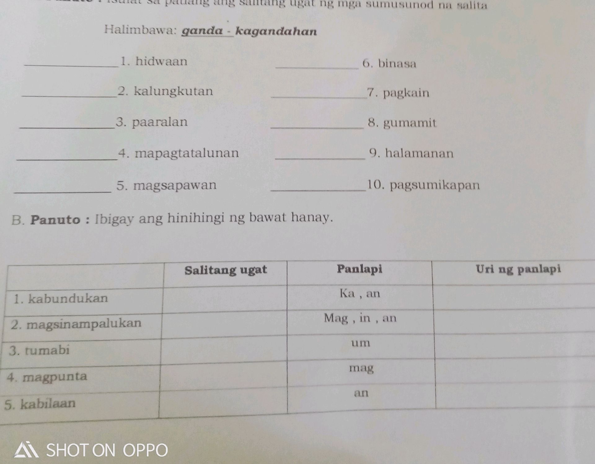 Panuto: Isulat sa patlang ang salitang ugat | StudyX