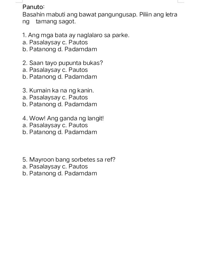 Panuto: Basahin mabuti ang bawat | StudyX