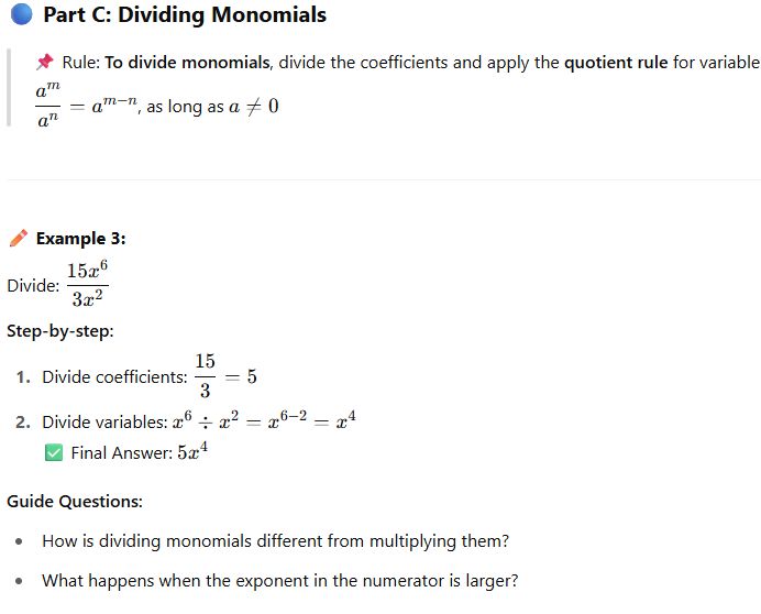 Part C: Dividing Monomials Rule: To divide | StudyX