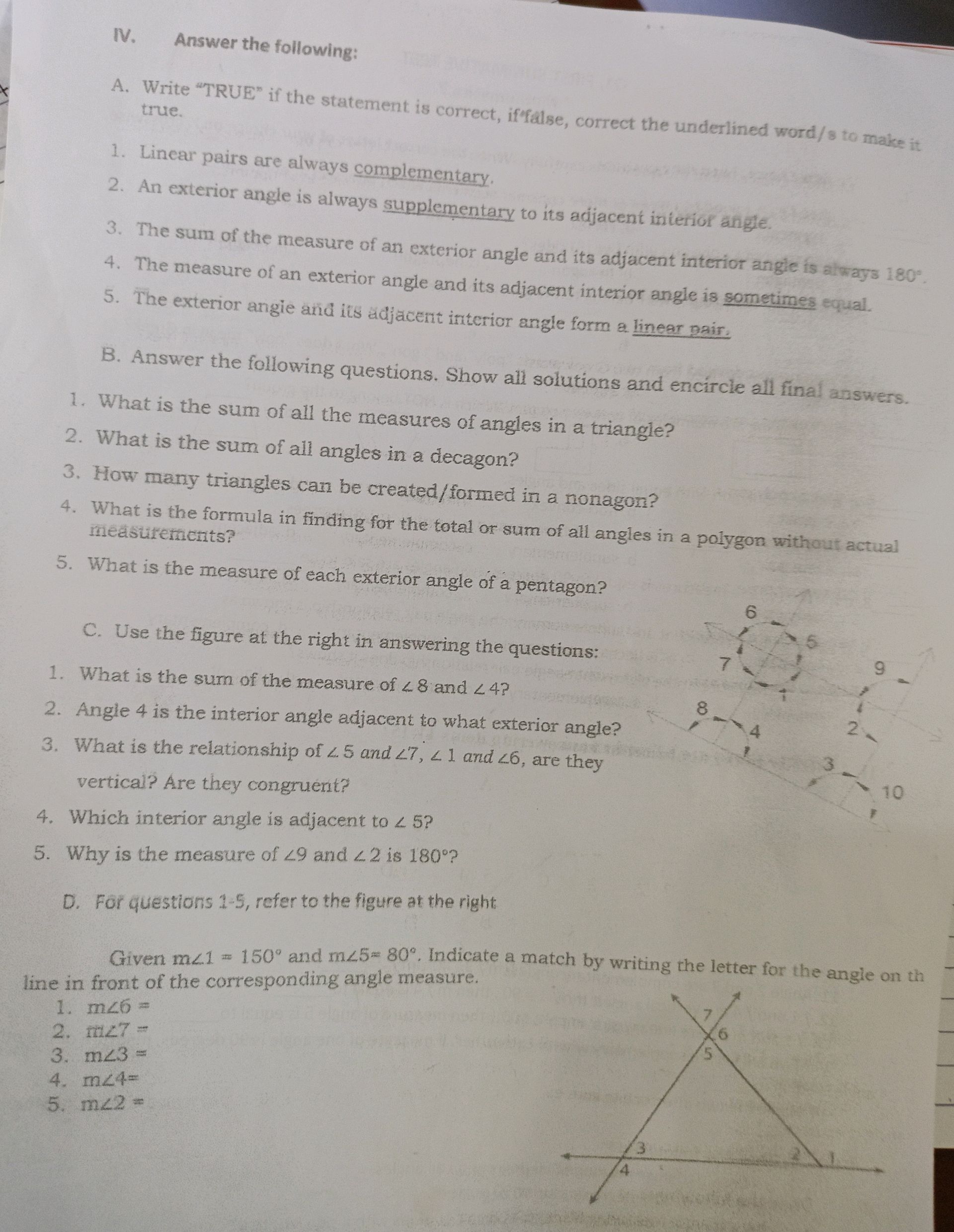 IV. Answer the following: A. Write "TRUE" | StudyX