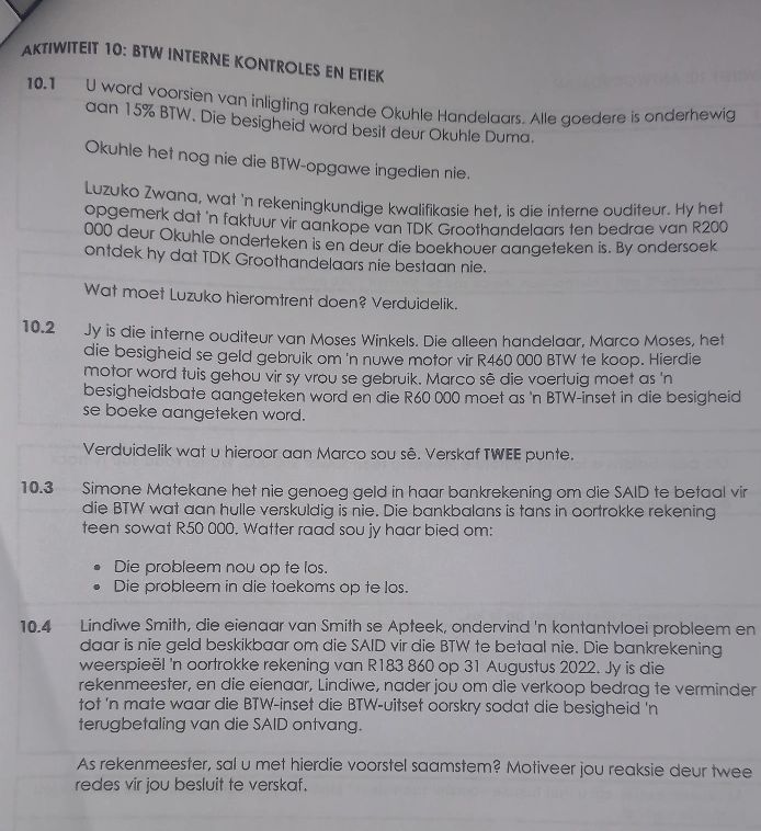 10.1 U word voorsien van inligting rakende | StudyX