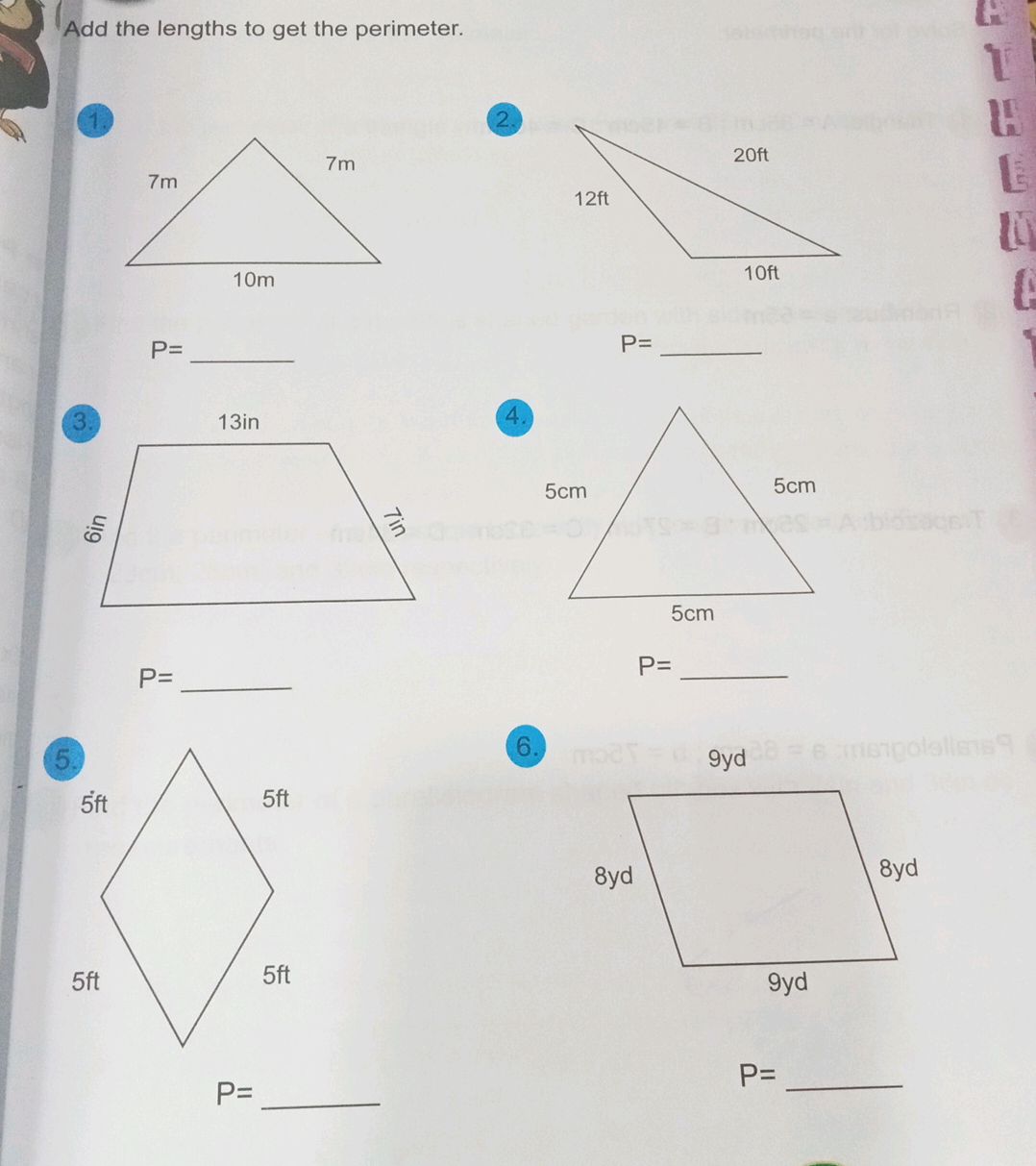 Add the lengths to get the perimeter. 1.