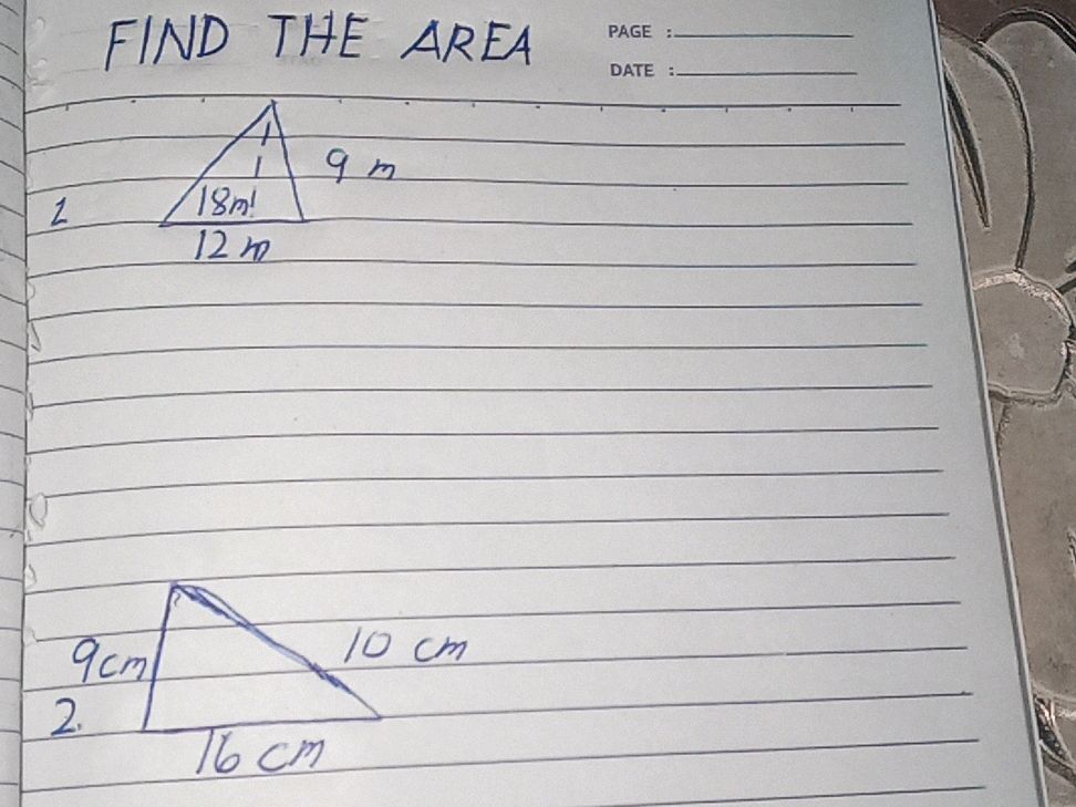 FIND THE AREA 1. A triangle with base 12m, | StudyX