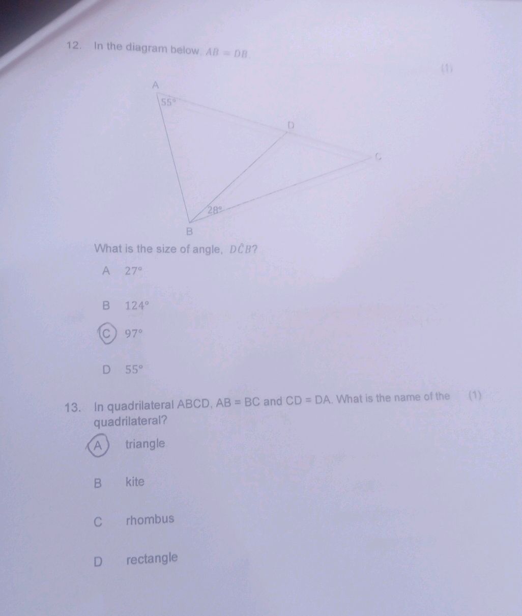 12. In the diagram below, $AB = DB$. What | StudyX