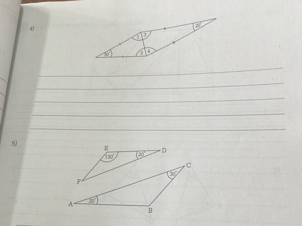 4) Diagram with angles labeled: 30°, 20°, | StudyX