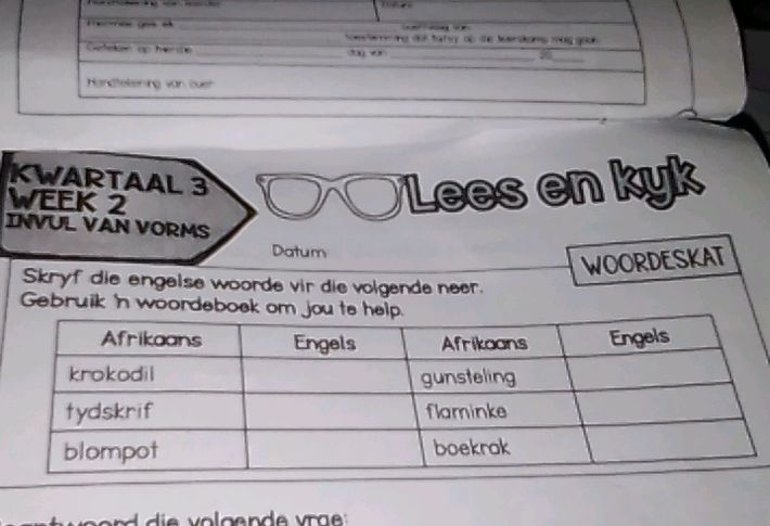 Skryf die engelse woorde vir die volgende