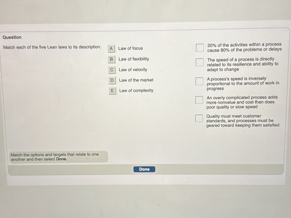 Match each of the five Lean laws to its