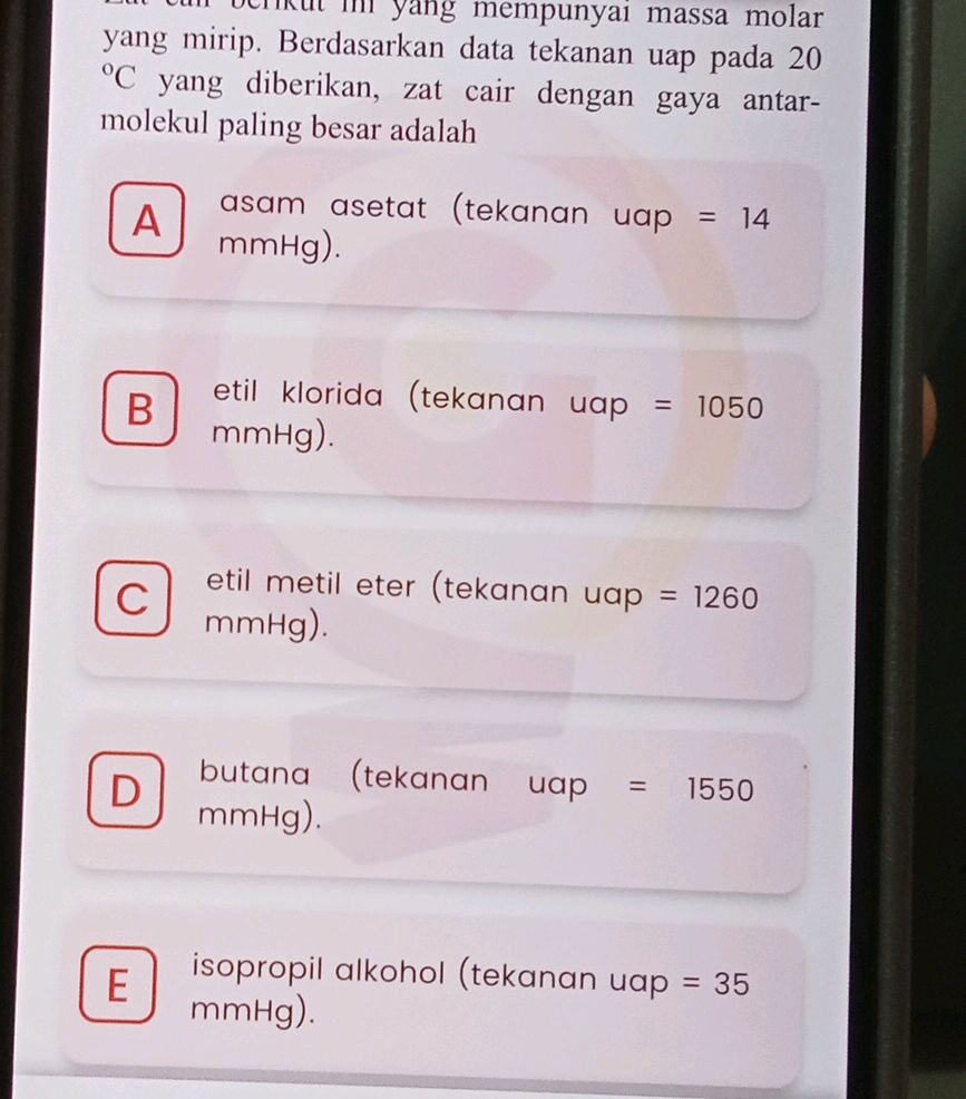 Berdasarkan data tekanan uap pada 20 °C yang | StudyX
