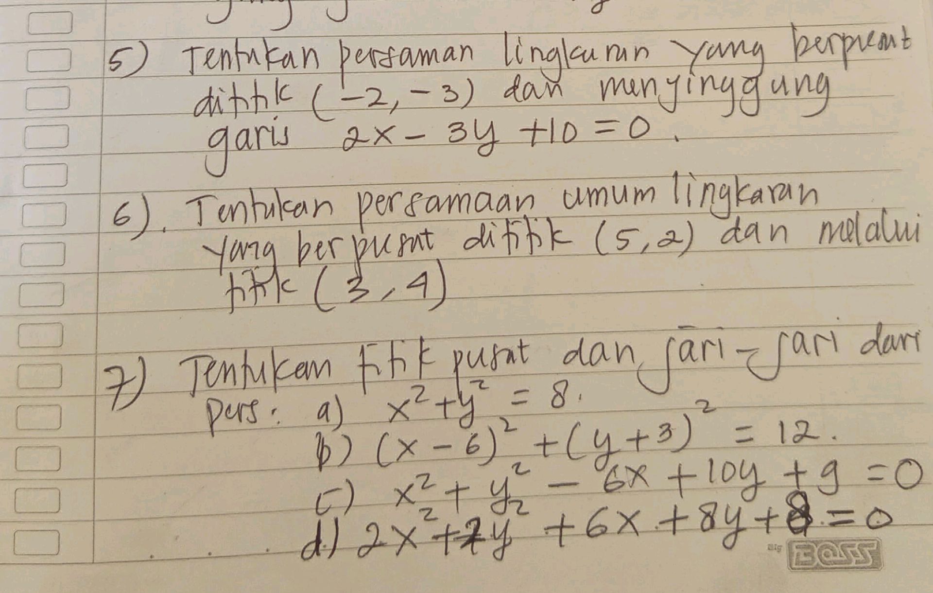 5) Tentukan persamaan lingkaran yang | StudyX