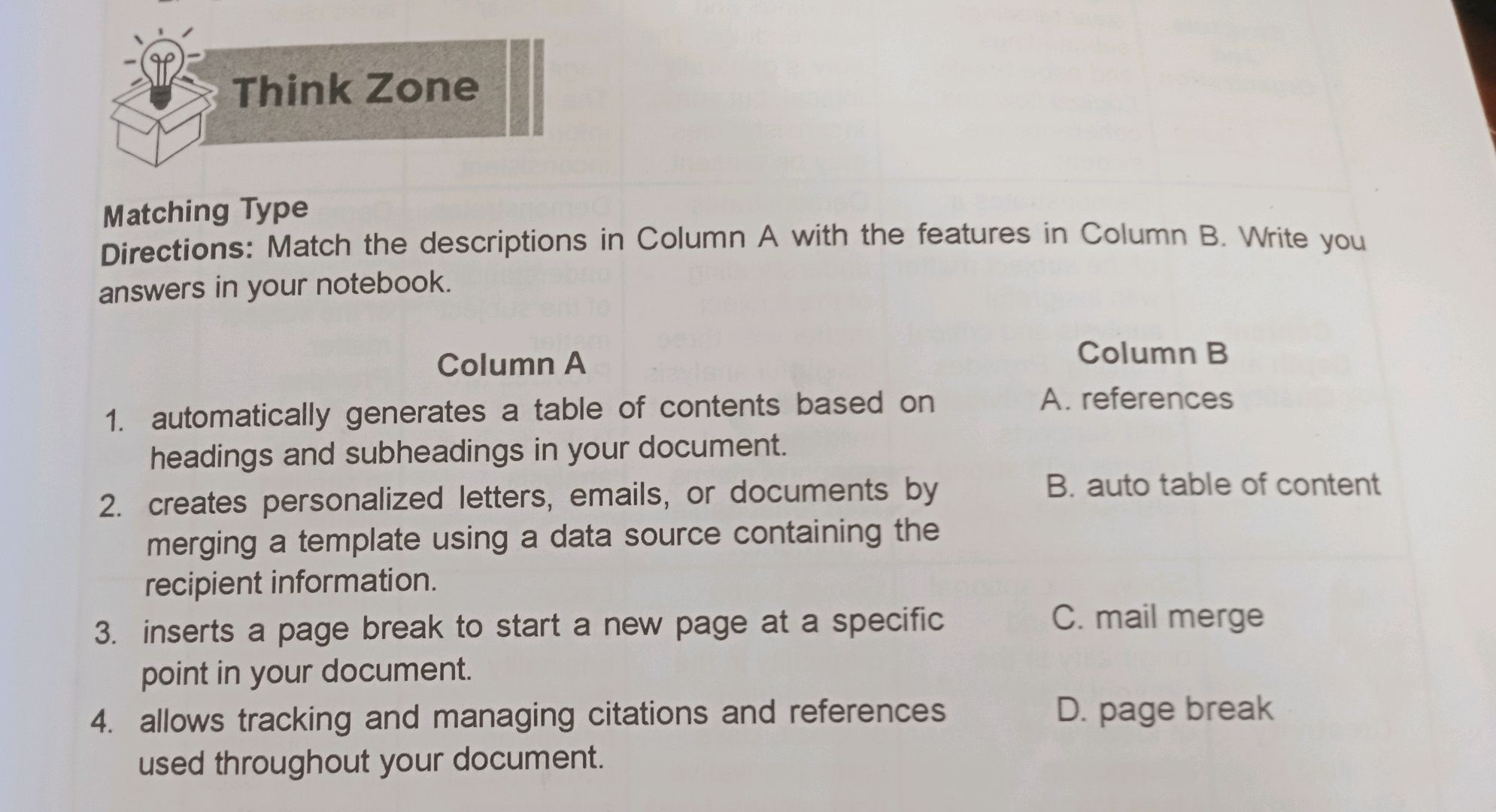 Matching Type Directions: Match the | StudyX
