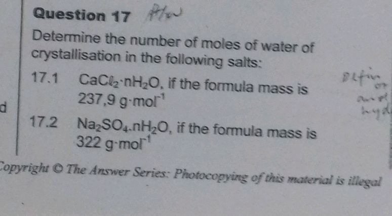 Determine the number of moles of water of