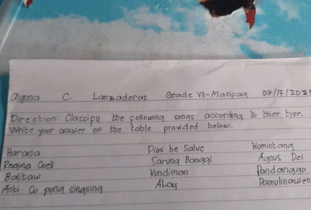 Direction: Classify the following songs | StudyX