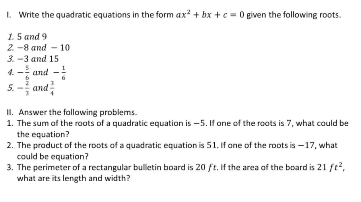 I. Write the quadratic equations in the form | StudyX