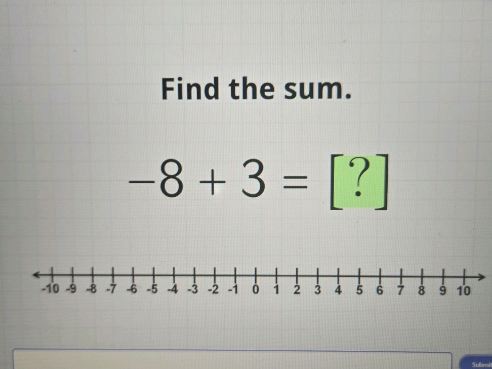 Find the sum of -8 + 3 | StudyX