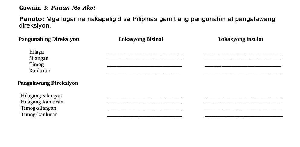 Gawain 3: Punan Mo Ako! Panuto: Mga lugar | StudyX