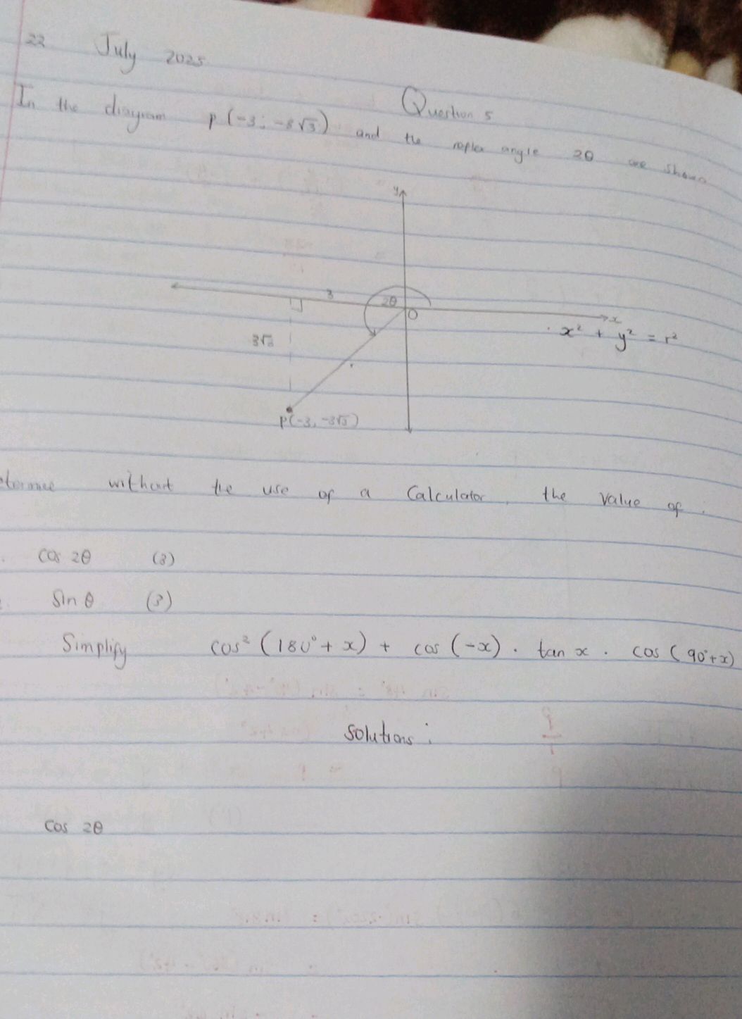 In the diagram p(-3, -3√3) and the reflex | StudyX