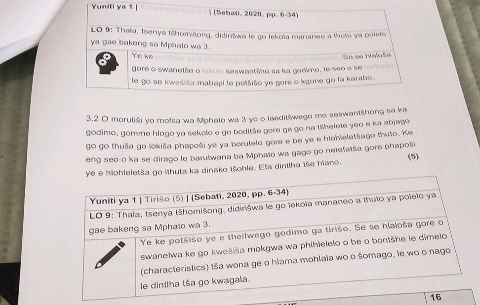 LO 9: Thala, tsenya tshomišong, didirišwa le | StudyX