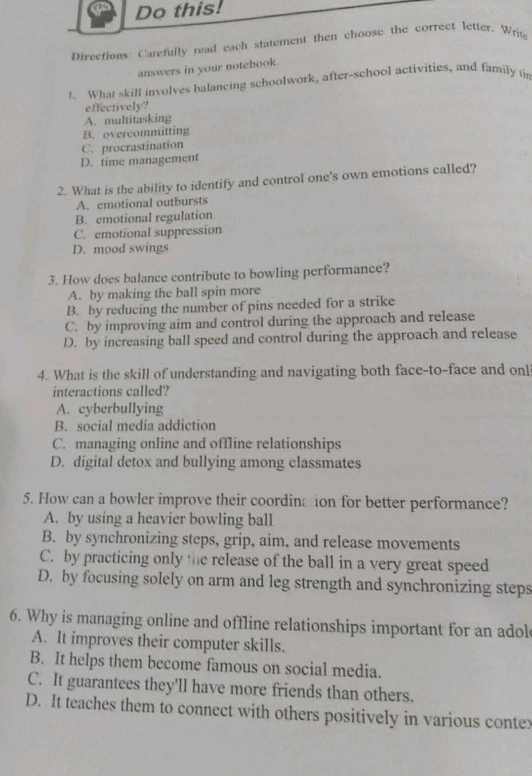 1. What skill involves balancing schoolwork, | StudyX