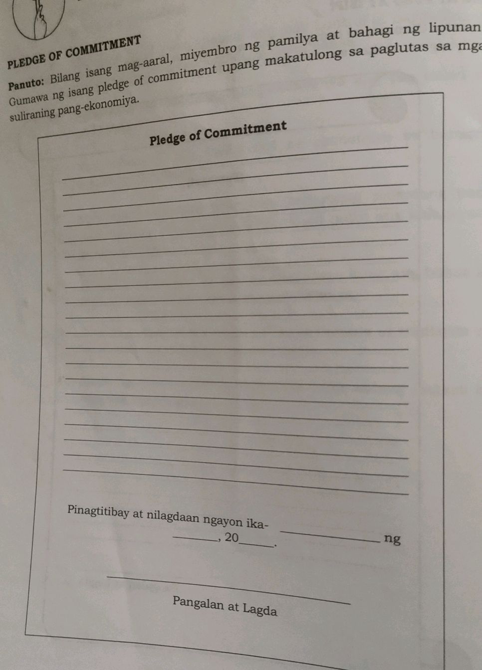 PLEDGE OF COMMITMENT Panuto: Bilang isang | StudyX