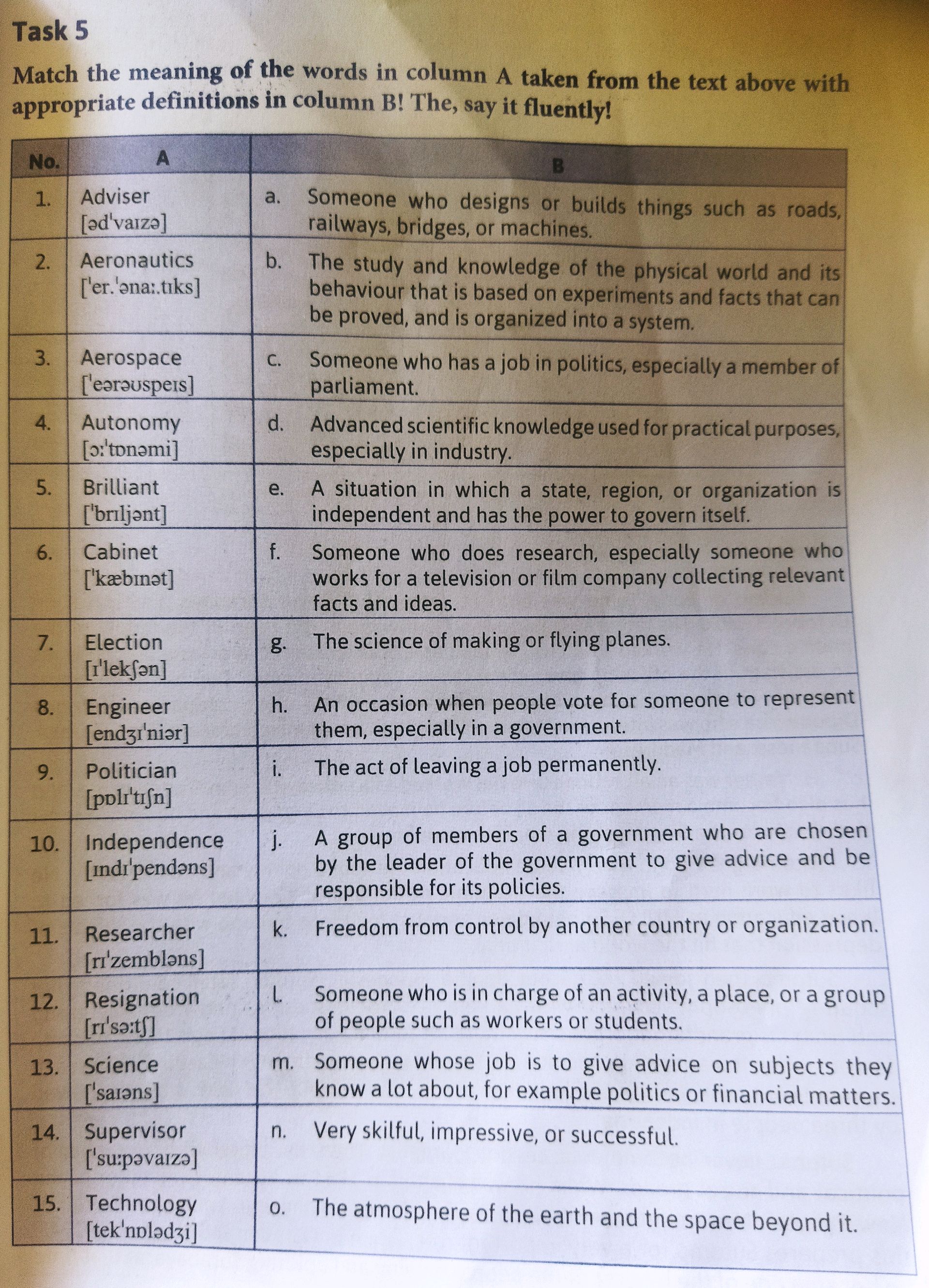 Match the meaning of the words in column A | StudyX