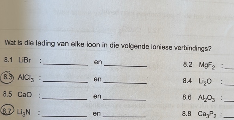 Wat is die lading van elke ioon in die