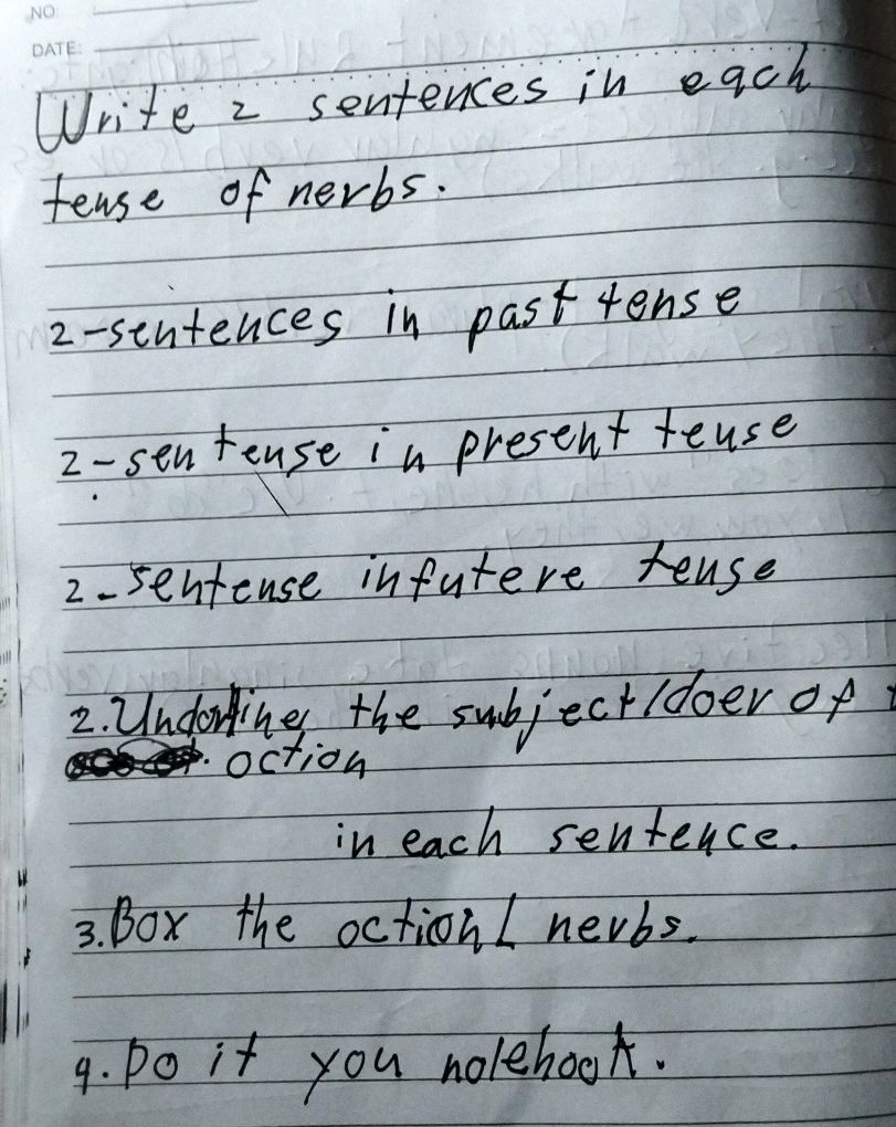 Write 2 sentences in each tense of verbs.
