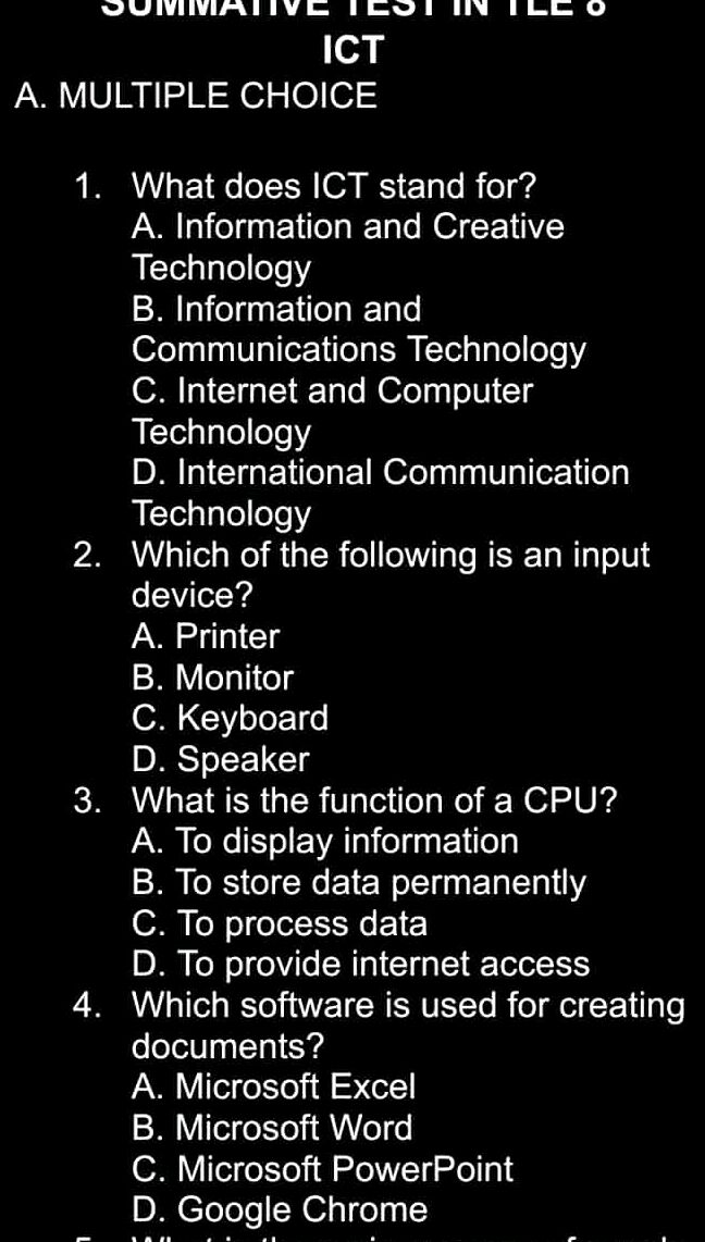 1. What does ICT stand for? A. Information | StudyX