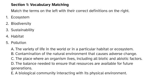 Section 1: Vocabulary Matching Match the | StudyX