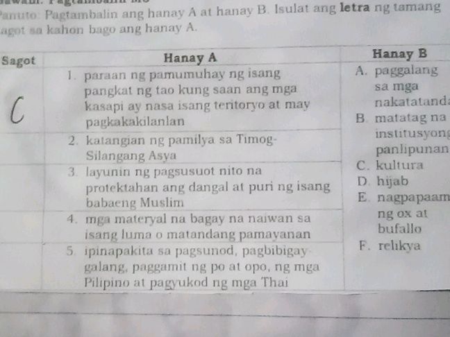 anuto: Pagtambalin ang hanay A at hanay B. | StudyX