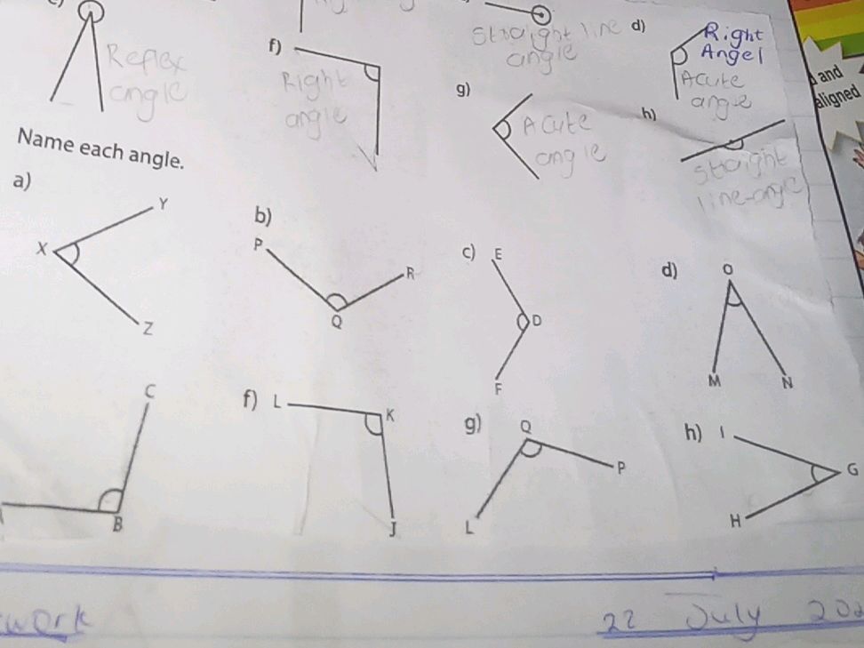 Name each angle. a) Angle XYZ b) Angle PQR