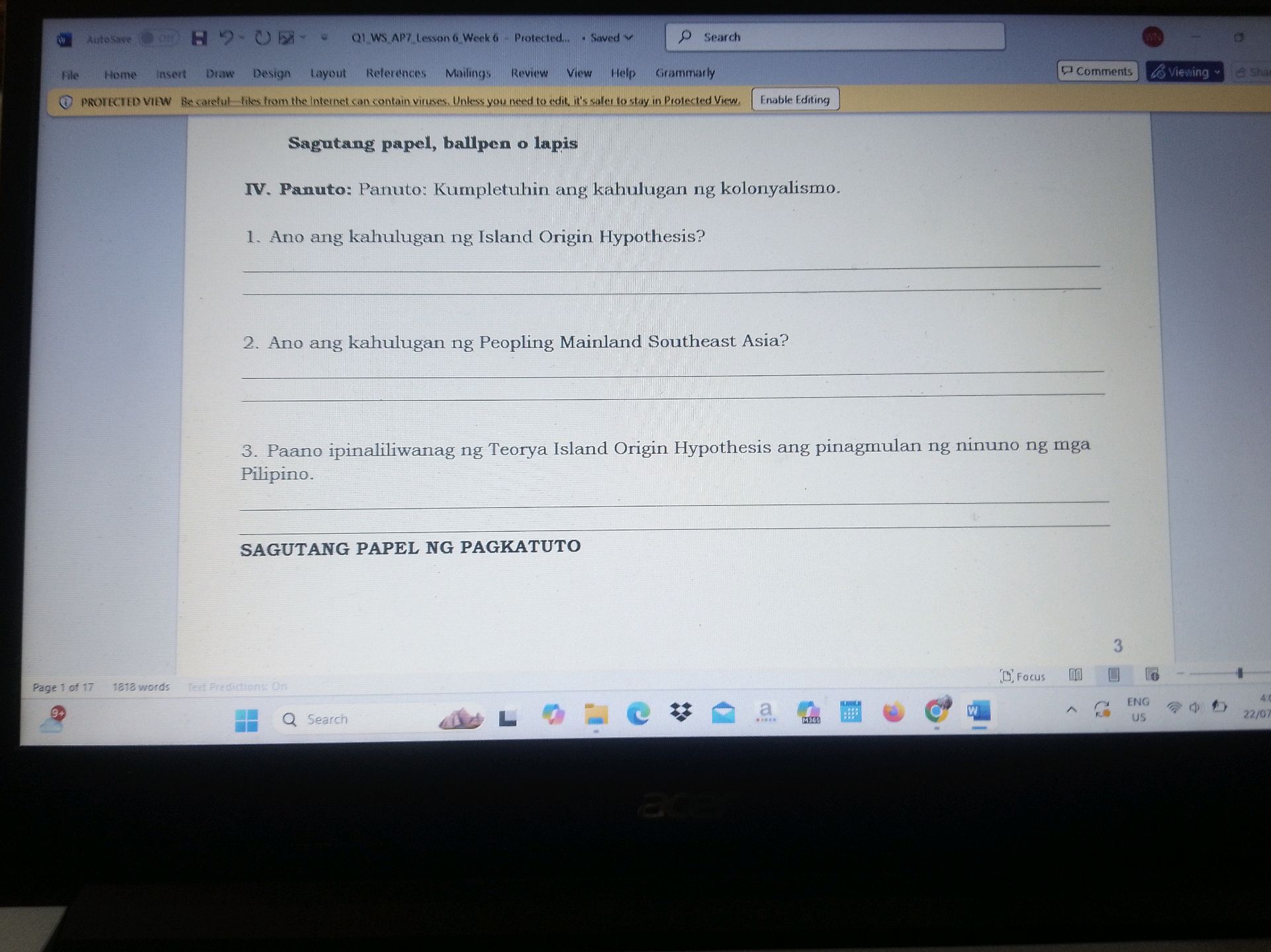 Sagutang papel, ballpen o lapis IV. Panuto: | StudyX