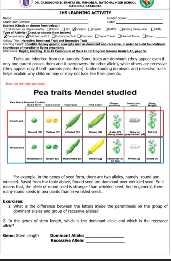 Pea traits Mendel studied | Pea Traits | StudyX