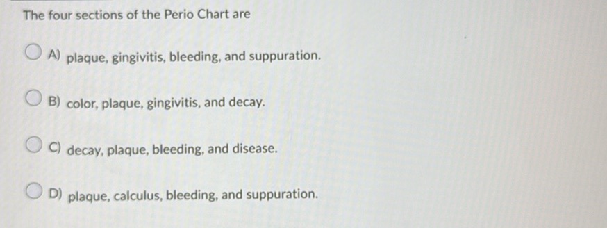 The four sections of the Perio Chart are A) | StudyX