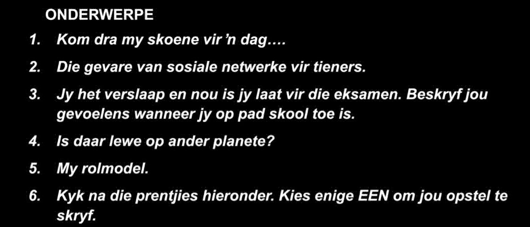 ONDERWERPE 1. Kom dra my skoene vir 'n