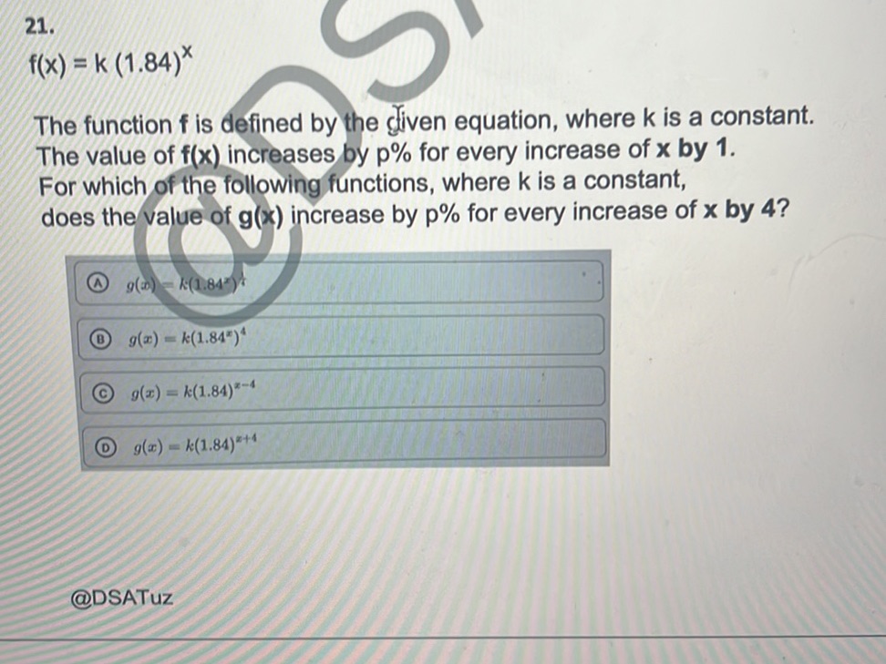 $f(x) = k(1.84)^x$ The function $f$ is