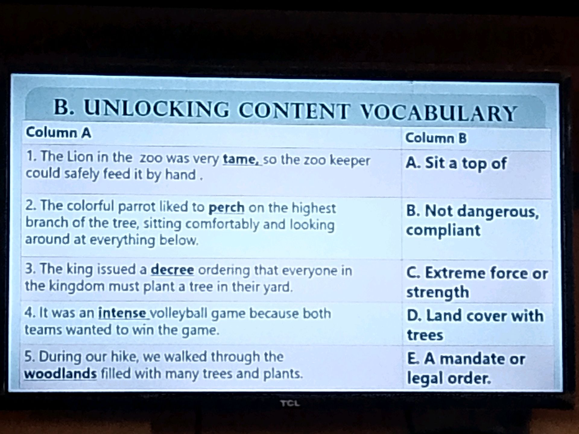 B. UNLOCKING CONTENT VOCABULARY | Column A