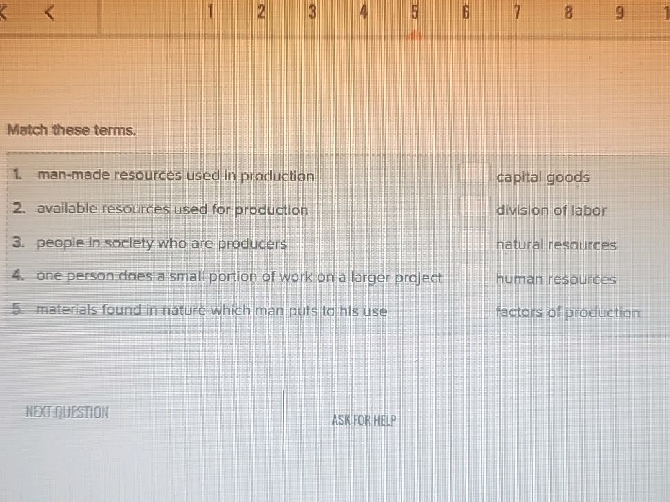 Match these terms. 1. man-made resources