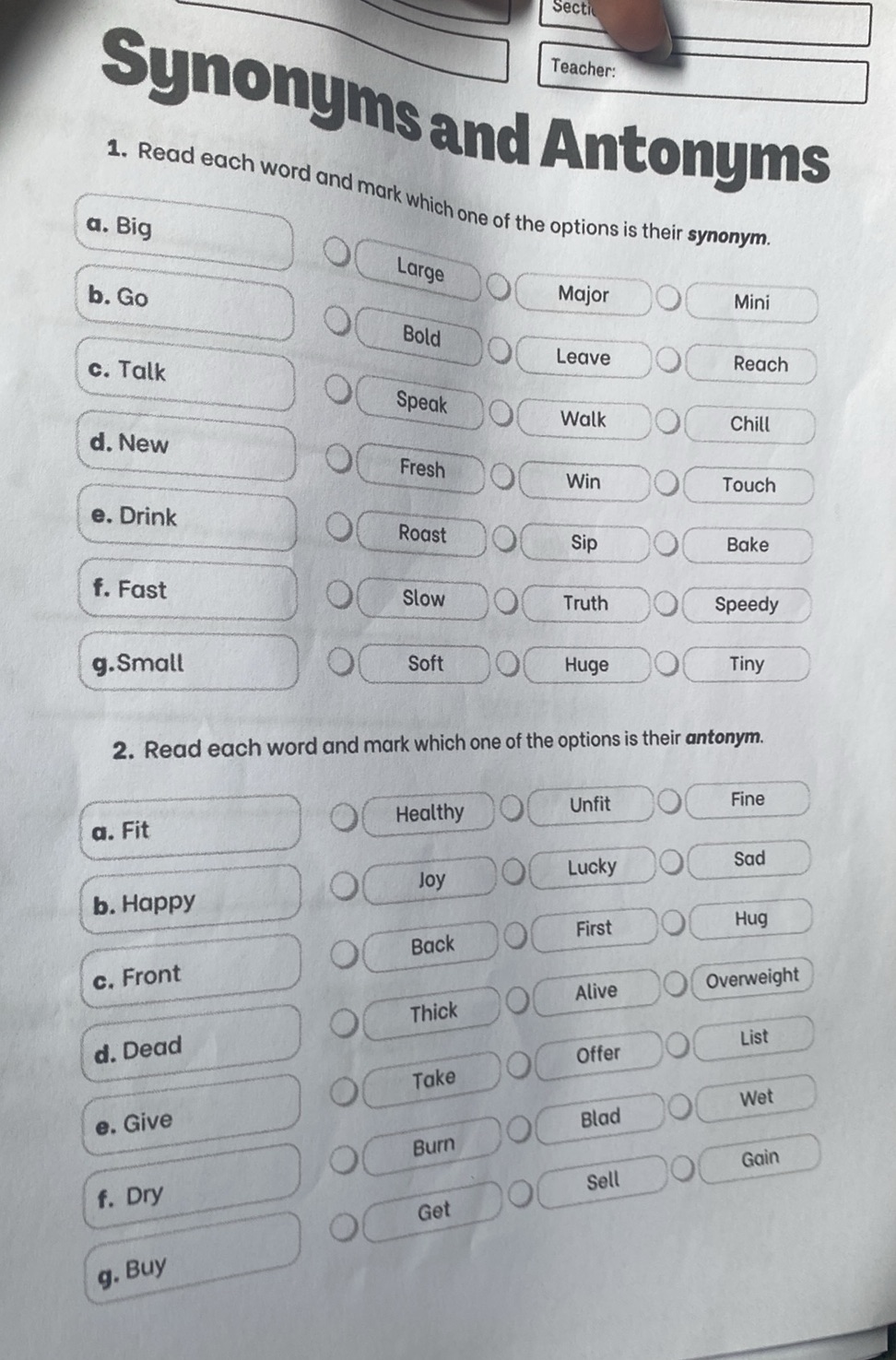 1. Read each word and mark which one of the | StudyX