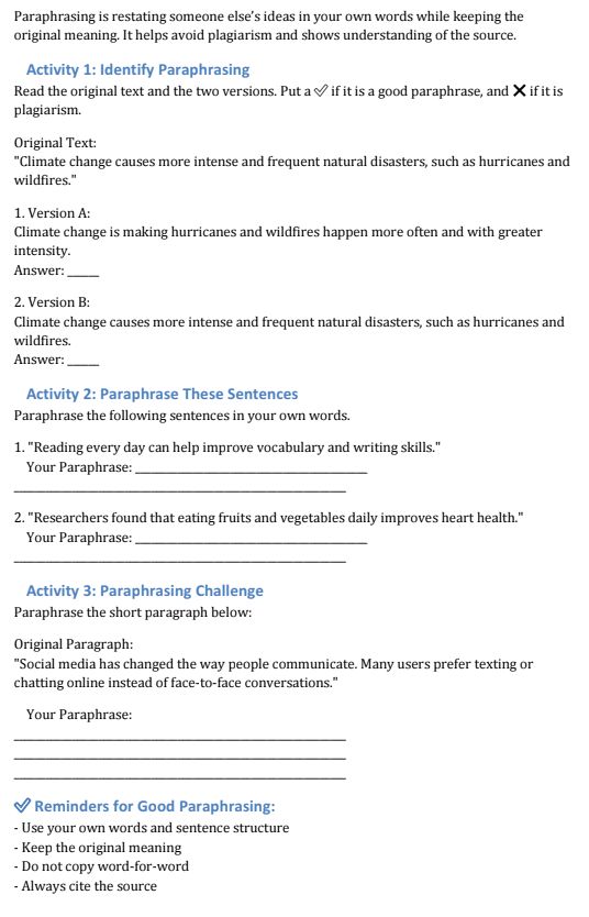 Paraphrasing is restating someone else's | StudyX