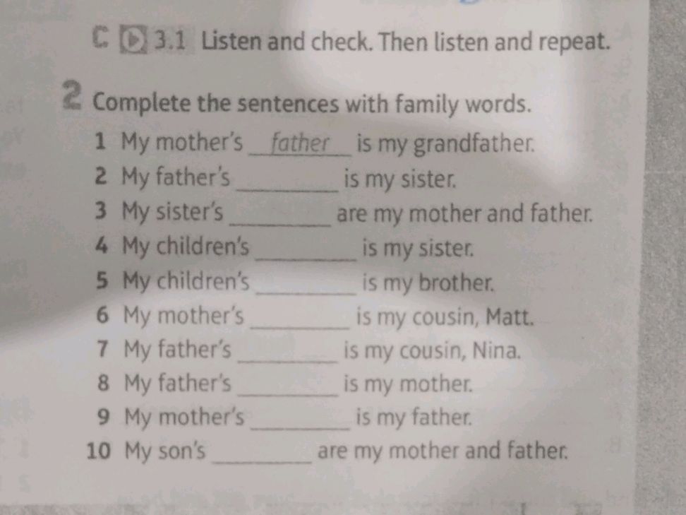 2 Complete the sentences with family words.