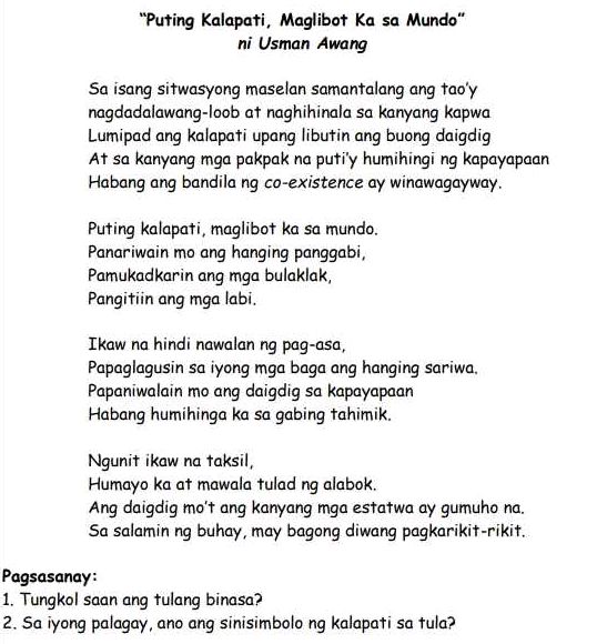 "Puting Kalapati, Maglibot Ka sa Mundo" ni