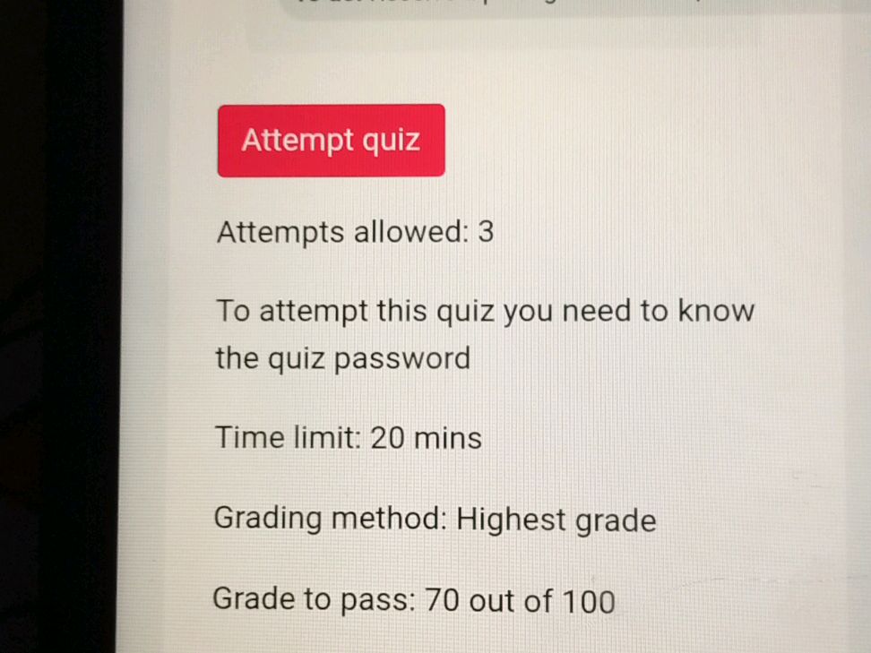 Attempt quiz Attempts allowed: 3 To attempt