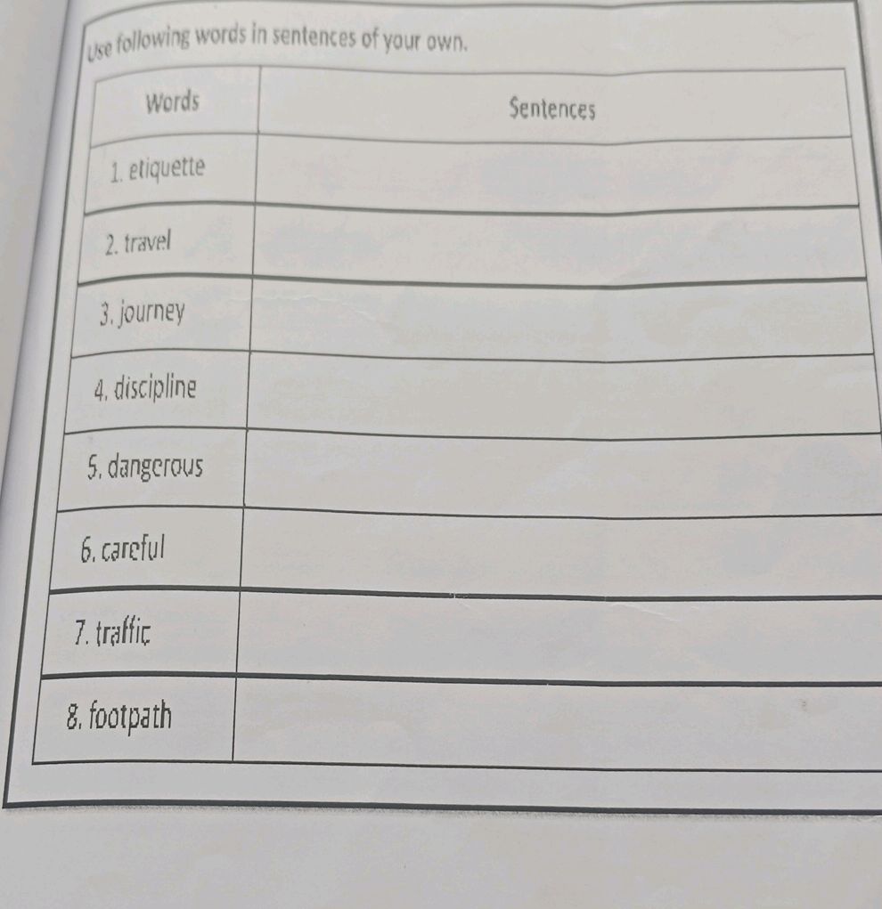 Use following words in sentences of your