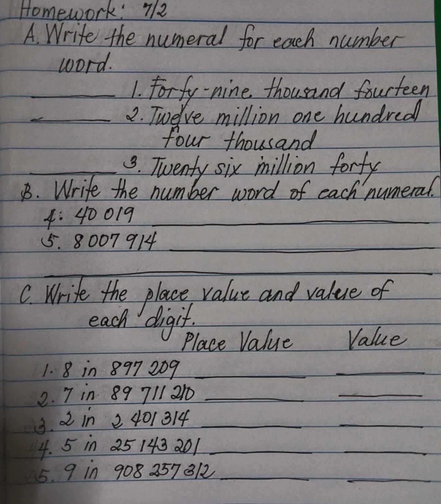 A. Write the numeral for each number word.
