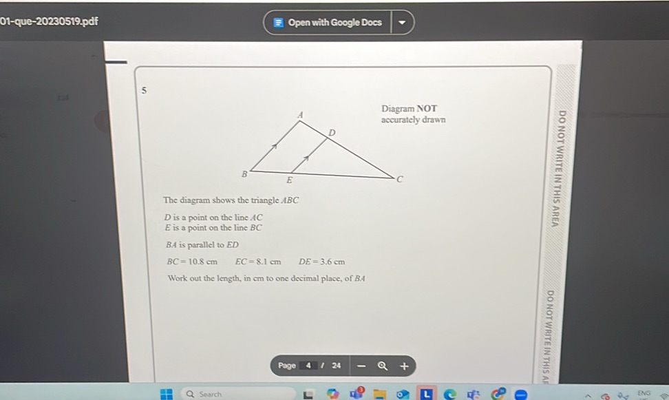 The diagram shows the triangle ABC D is a