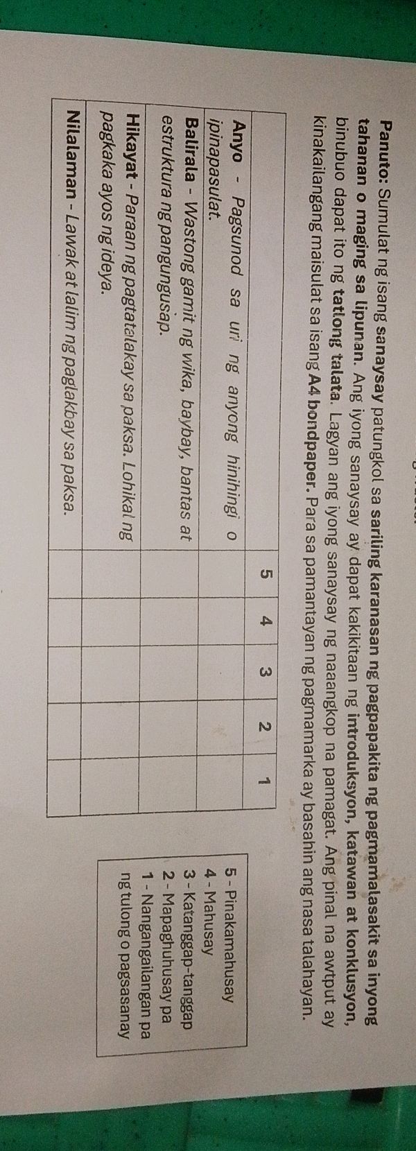 Panuto: Sumulat ng isang sanaysay patungkol | StudyX