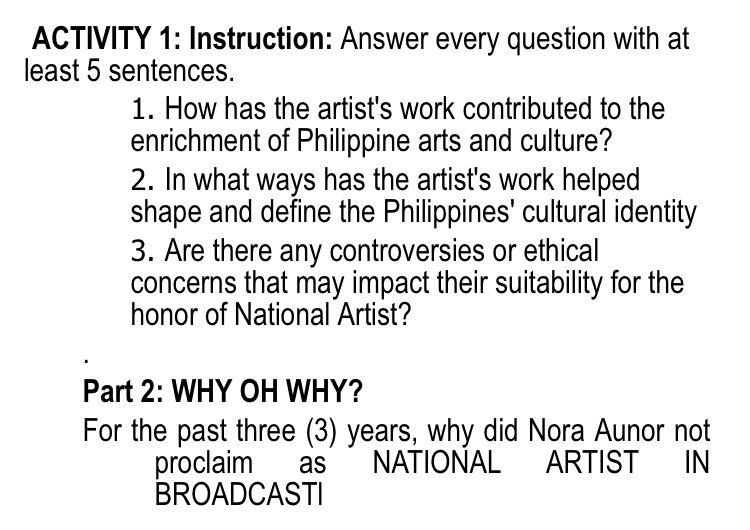 ACTIVITY 1: Instruction: Answer every